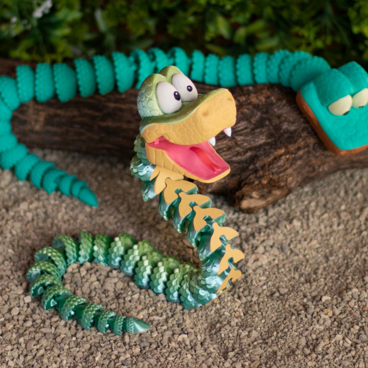 3D Printable SNAKE CARTOON, FLEXI, PRINT-IN-PLACE by Rogi Studios