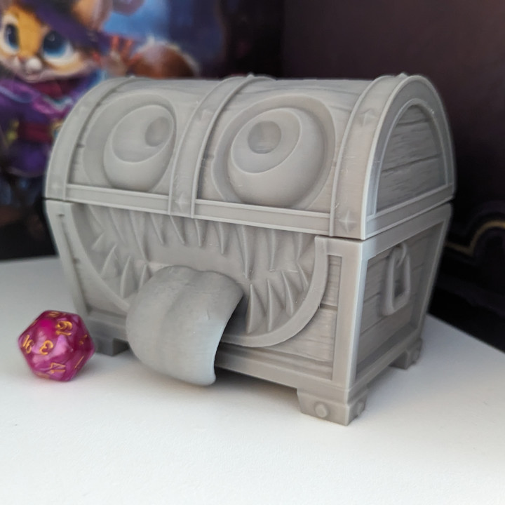 3D Printable Cute Mimic Dice Vault - SUPPORT FREE! by FatesEnd
