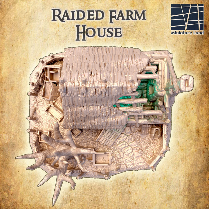 3D Printable Raided Farm House - Tabletop Terrain - 28 MM by MiniatureLand