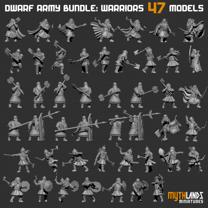 3D Printable DWARF ARMY BUNDLE: 47 WARRIORS by Mythlands Miniatures