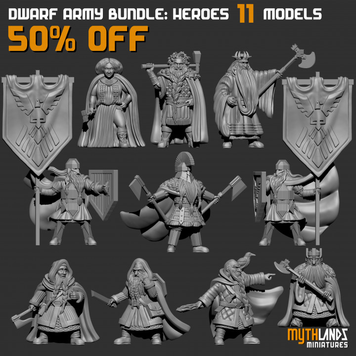 3D Printable DWARF ARMY BUNDLE: 11 HEROES by Mythlands Miniatures
