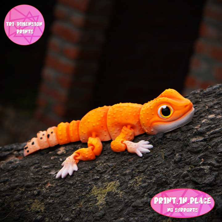 3D Printable PRINT IN PLACE CUTE FLEXI LEOPARD GECKO by TriDimensionPrints
