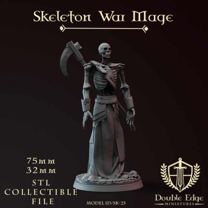 3D Printable Skeleton War Mage by Double Edge Miniatures