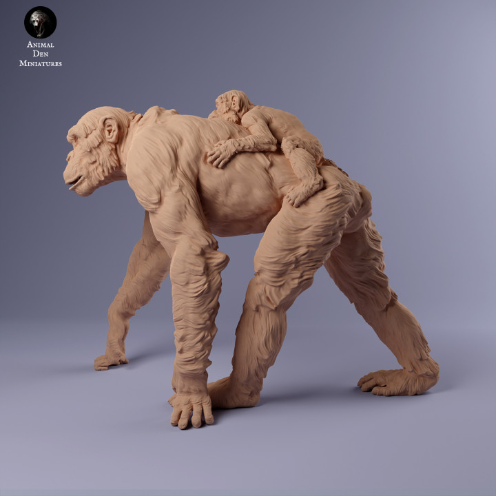 3D Printable Common Chimpanzee Female with Infant by Animal Den Miniatures