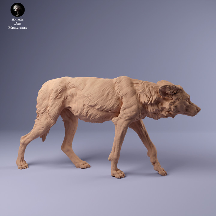3D Printable African Wild Dog Sneaking by Animal Den Miniatures