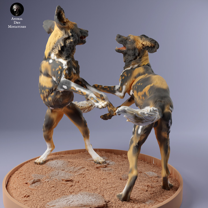 3D Printable African Wild Dogs Play by Animal Den Miniatures