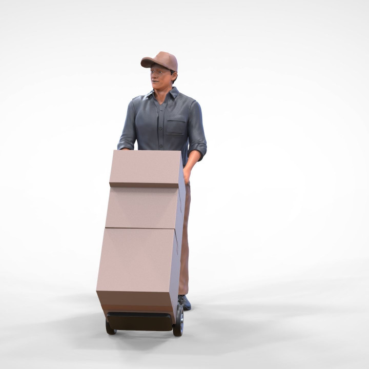 3D Printable Package delivery guy with hand cart or construction worker ...