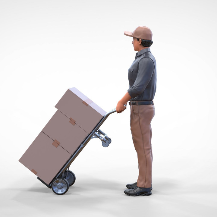 3D Printable Package delivery guy with hand cart or construction worker ...