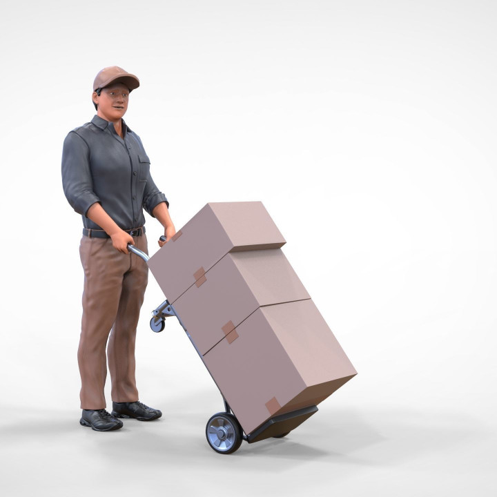 3D Printable Package delivery guy with hand cart or construction worker ...