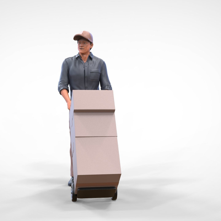 3D Printable Package delivery guy with hand cart or construction worker ...
