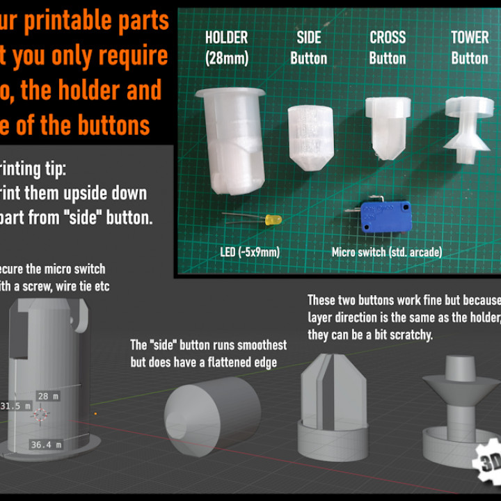 3D Printable 28mm Arcade Push Button - STL version. by Adam Freeman