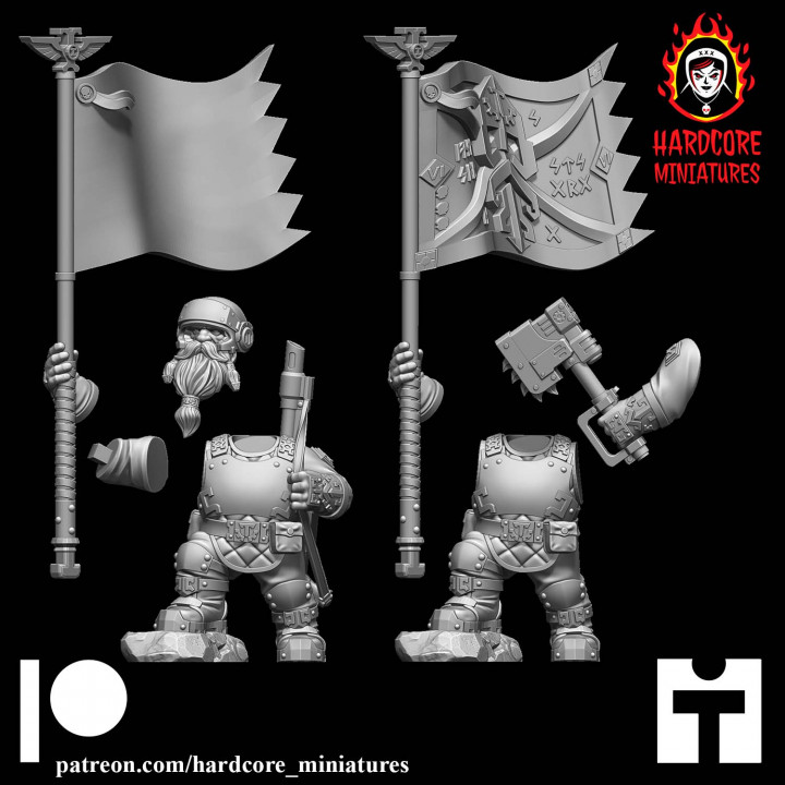 3D Printable Veteran Dwarf with Banner by Hardcore Miniatures