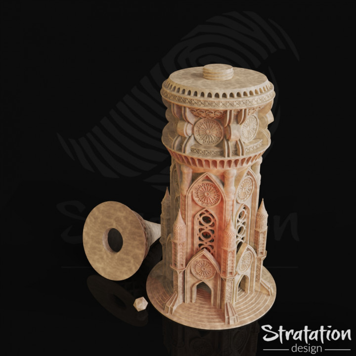 3D Printable Wizard's Arcane Treasury Dice Tower by Stratation Design