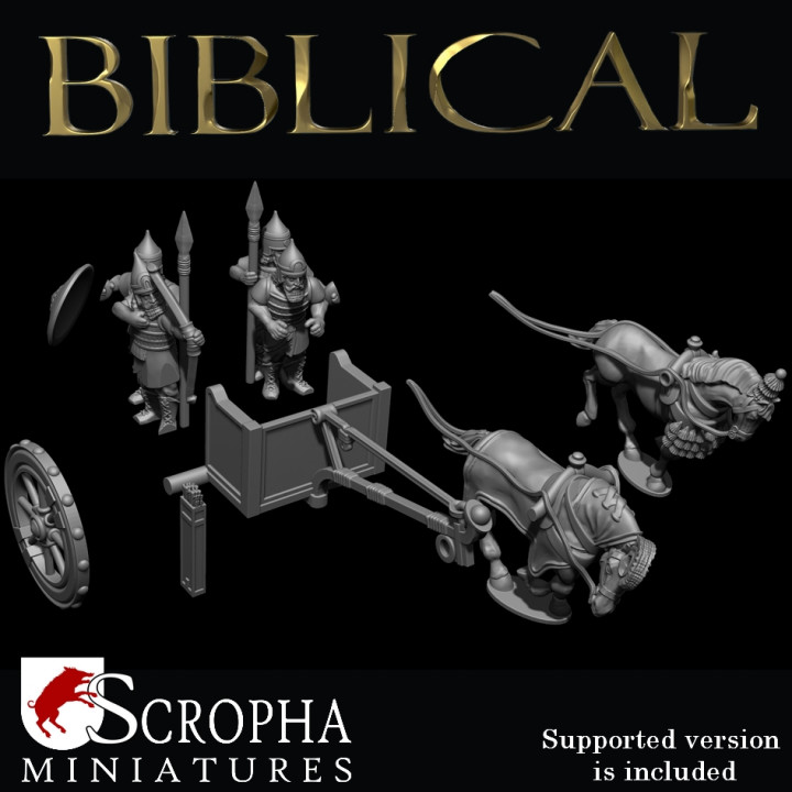 3D Printable Assyrian four horse heavy chariot by Scropha Miniatures