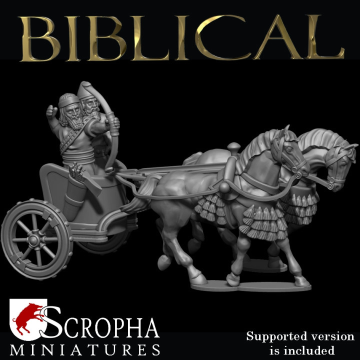 3D Printable Assyrian two horse chariot by Scropha Miniatures