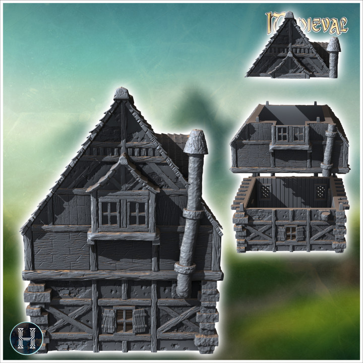 3D Printable Medieval building with fireplace and large terrace on ...