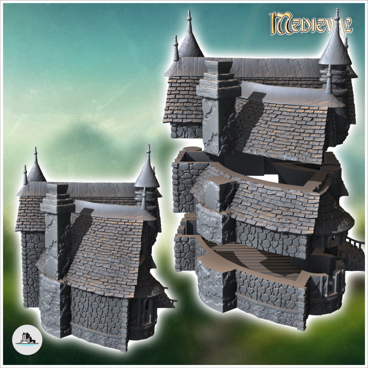 3D Printable Large medieval manor house with entrance staircase and ...