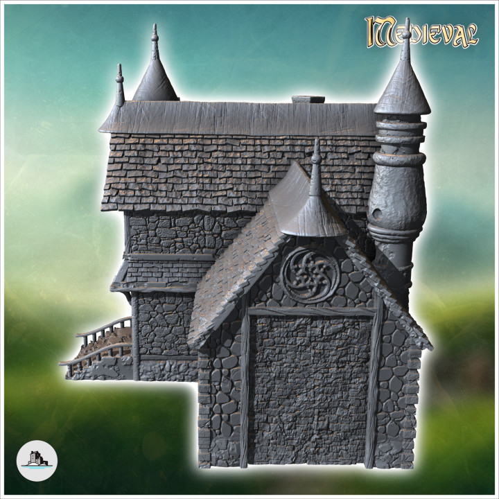 3D Printable Large medieval manor house with entrance staircase and ...