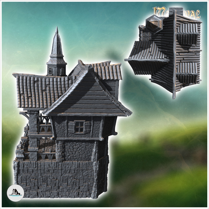 3D Printable Medieval building with large balcony and wooden staircase ...