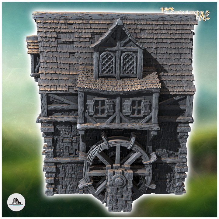 3D Printable Medieval half-timbered stone mill with water wheel and ...