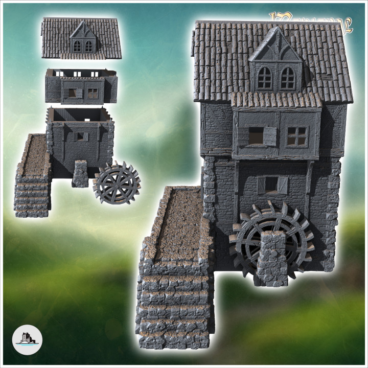 3D Printable Medieval mill with stone bridge and outdoor fireplace (3 ...