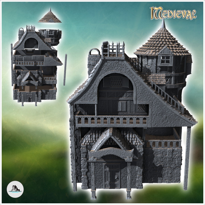 3D Printable Large medieval house with conical-roofed tower and ...