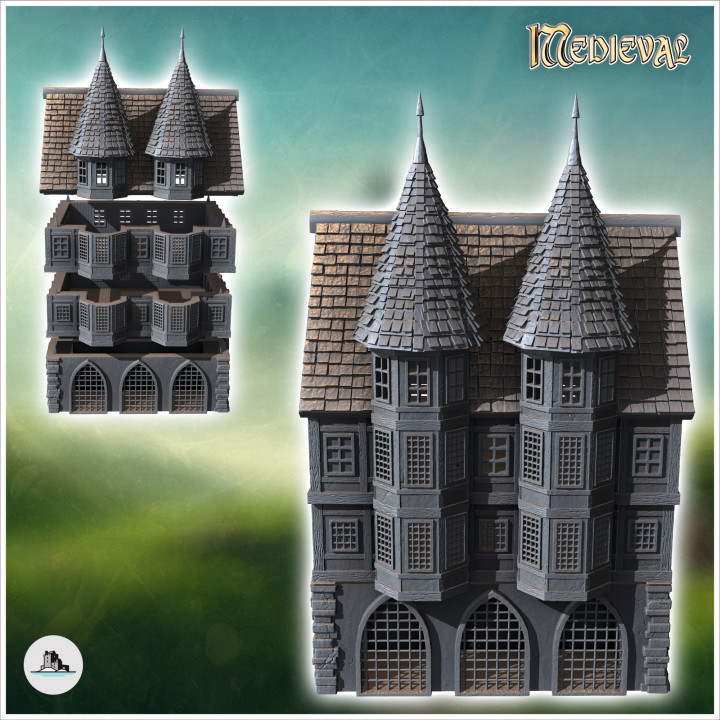 3D Printable Large medieval building with double conical-roofed towers ...