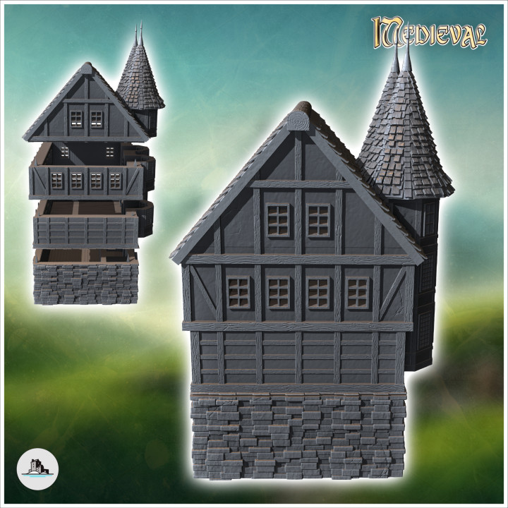3D Printable Large medieval building with double conical-roofed towers ...