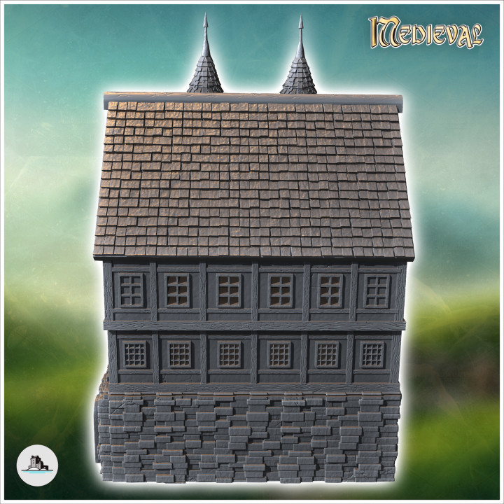 3D Printable Large medieval building with double conical-roofed towers ...