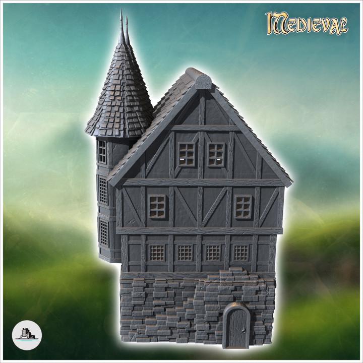 3D Printable Large medieval building with double conical-roofed towers ...