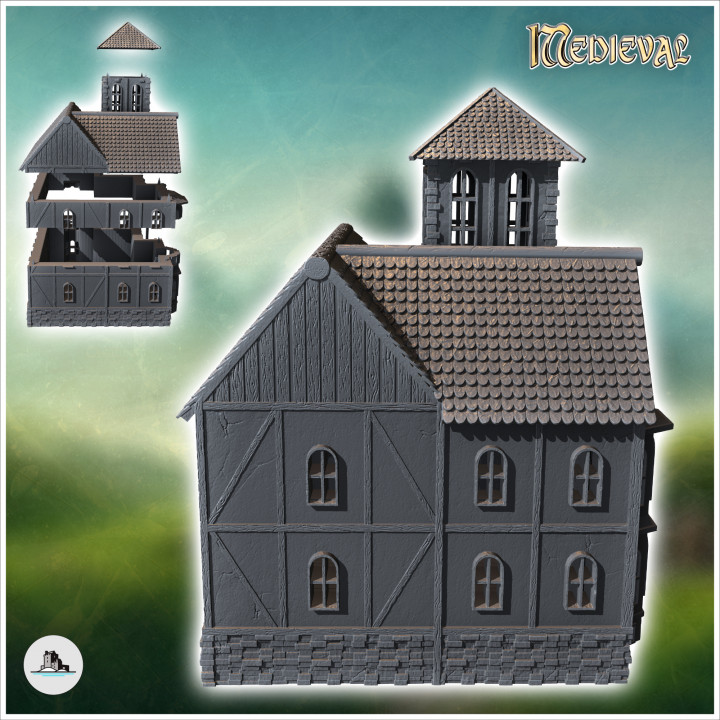 3D Printable Large medieval house with entrance platform and tiled roof ...