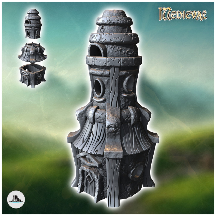 3D Printable Large medieval tower with wooden door and concave roof and ...