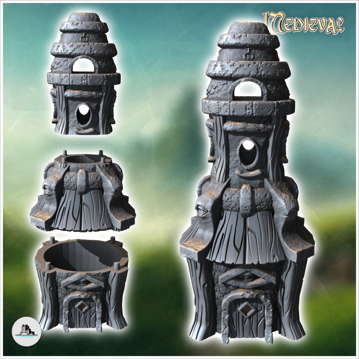 3D Printable Large medieval tower with wooden door and concave roof and ...