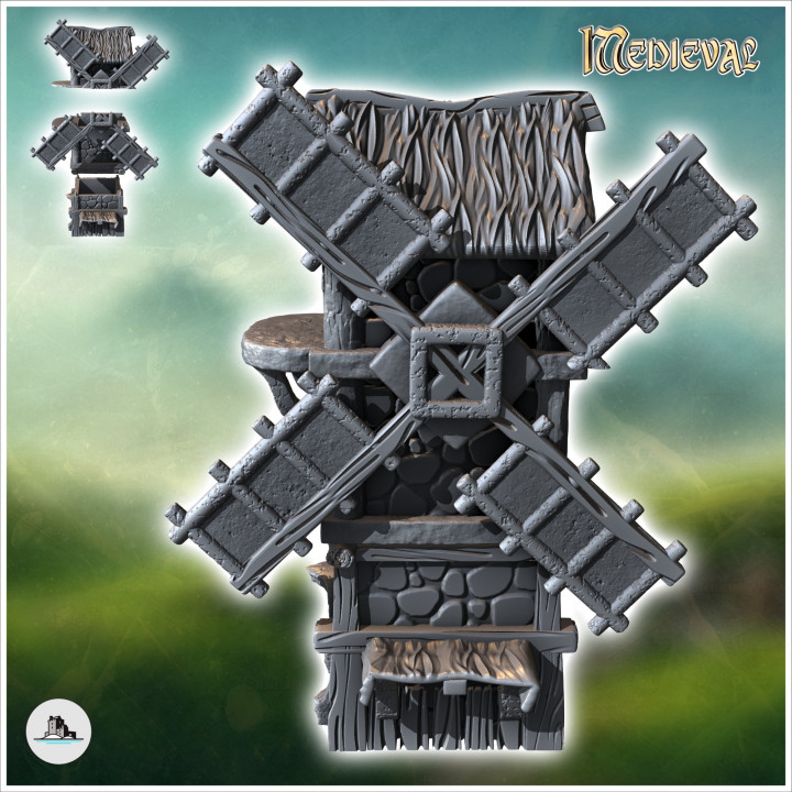 3D Printable Medieval mill on square building with canvas canopy (32 ...