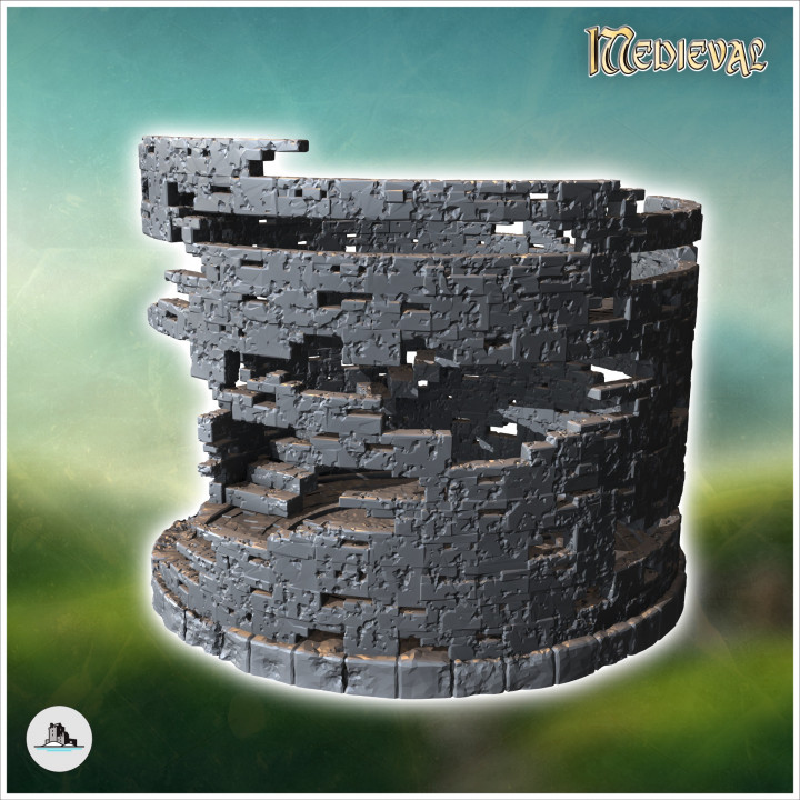 3D Printable Round Stone Ruin with Internal Staircase and Patterned ...