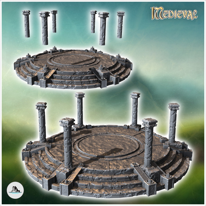 3D Printable Stone altar on platform with columns and stair treads (37 ...