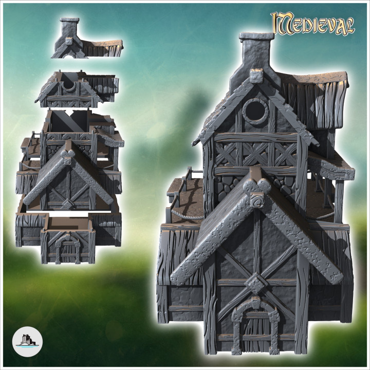 3D Printable Medieval building with tiled roof and balustraded terrace ...