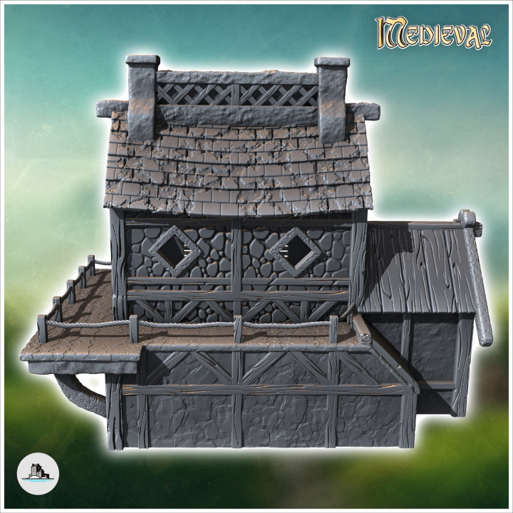 3D Printable Medieval building with tiled roof and balustraded terrace ...