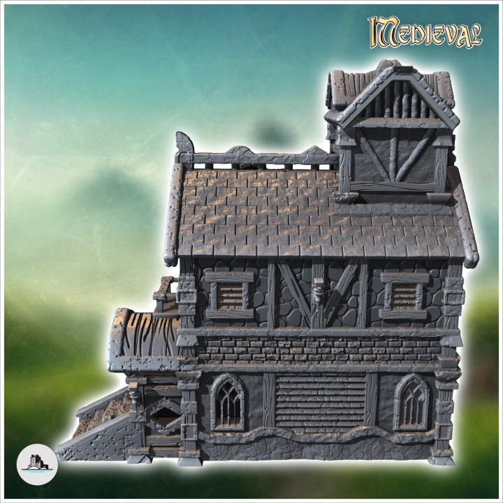 3D Printable Large medieval building with access staircase and multiple ...