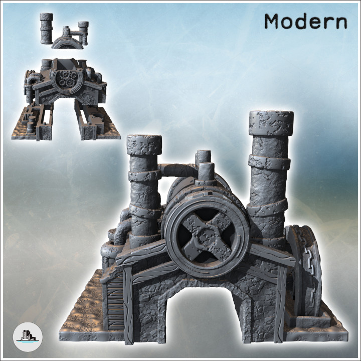 3D Printable Steampunk factory with large arch and double chimneys (6 ...