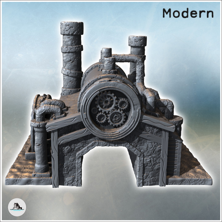 3D Printable Steampunk factory with large arch and double chimneys (6 ...