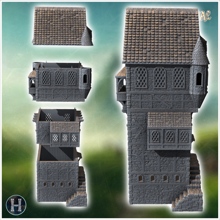 3D Printable Medieval building with corner towers and covered balcony ...