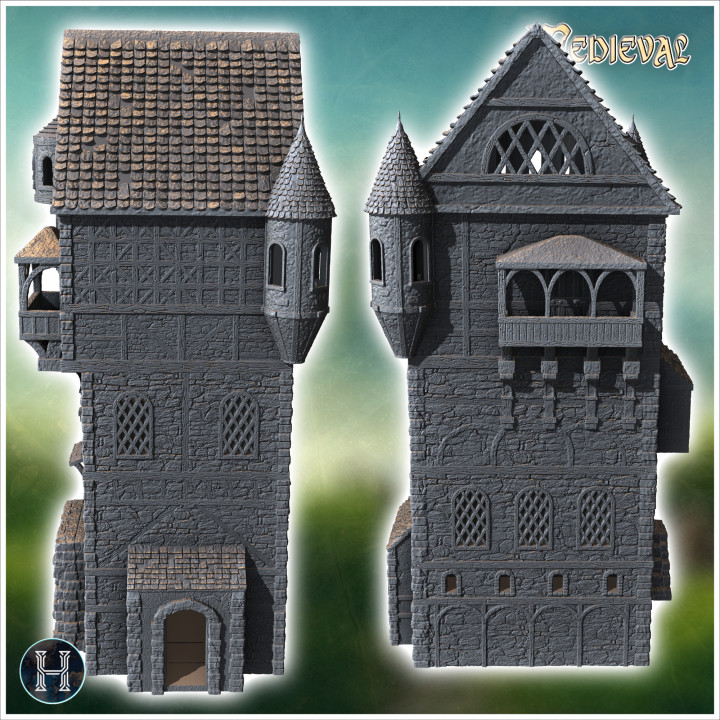 3D Printable Medieval building with corner towers and covered balcony ...