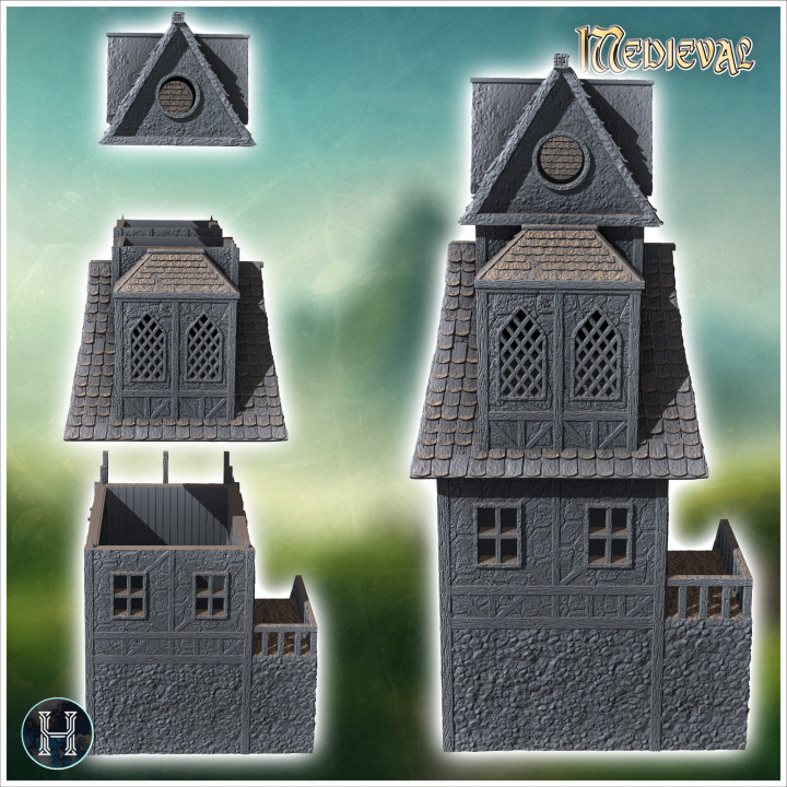 3D Printable Large medieval building with access staircase, half ...