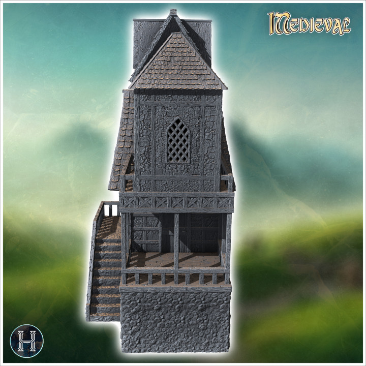 3D Printable Large medieval building with access staircase, half ...