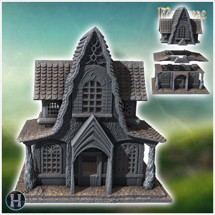 3D Printable Medieval house with rounded tiled roof, patterned facade ...
