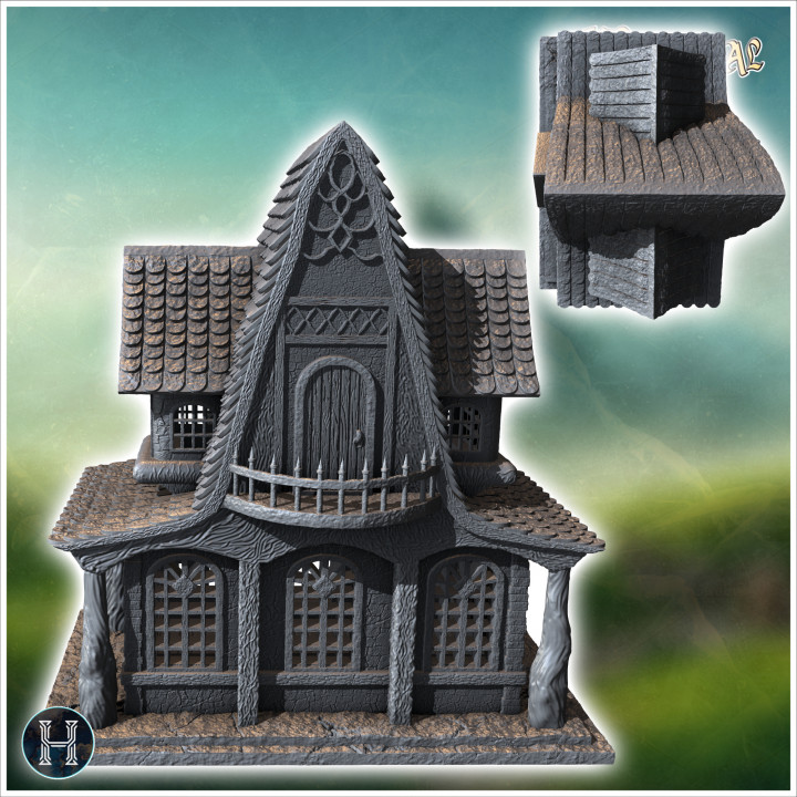 3D Printable Medieval house with rounded tiled roof, patterned facade ...