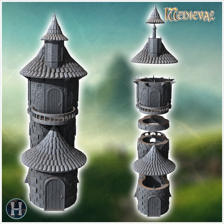 3D Printable Medieval tower with tiled roof, wooden door, stone block ...