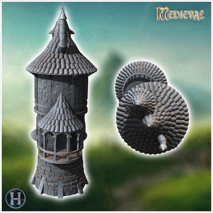3D Printable Medieval tower with tiled roof, wooden door, stone block ...