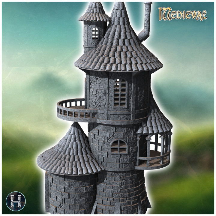 3D Printable Medieval tower with tiled roof, wooden door, stone block ...
